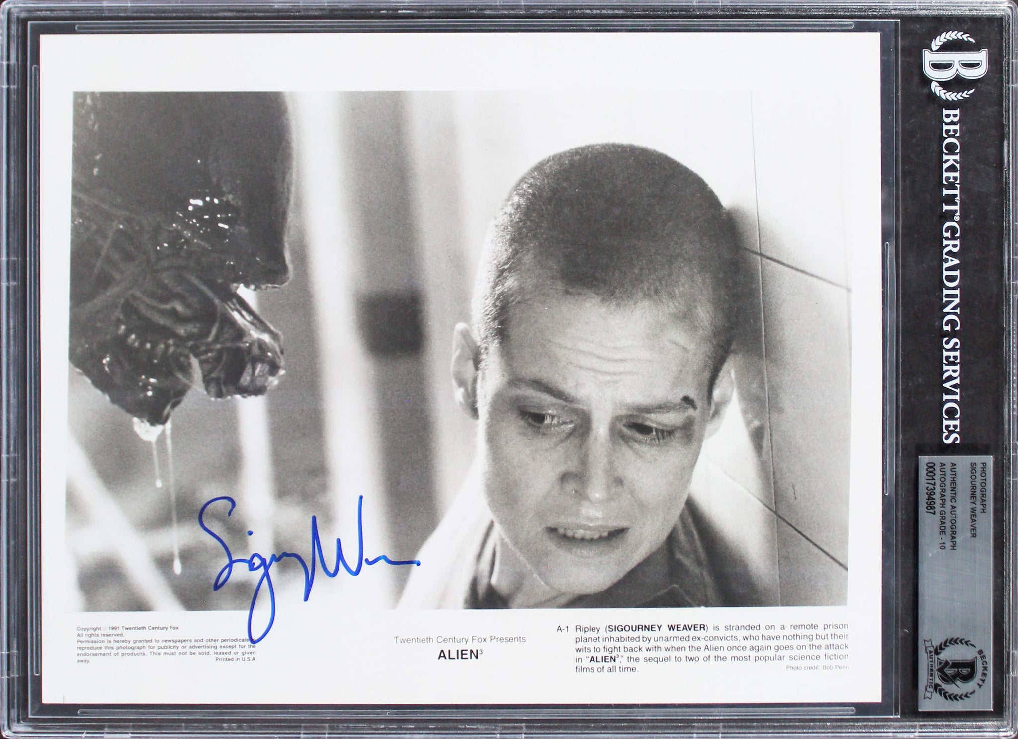 Sigourney Weaver Alien Signed 8x10 Promo Photo Auto Graded 10! BAS Sla