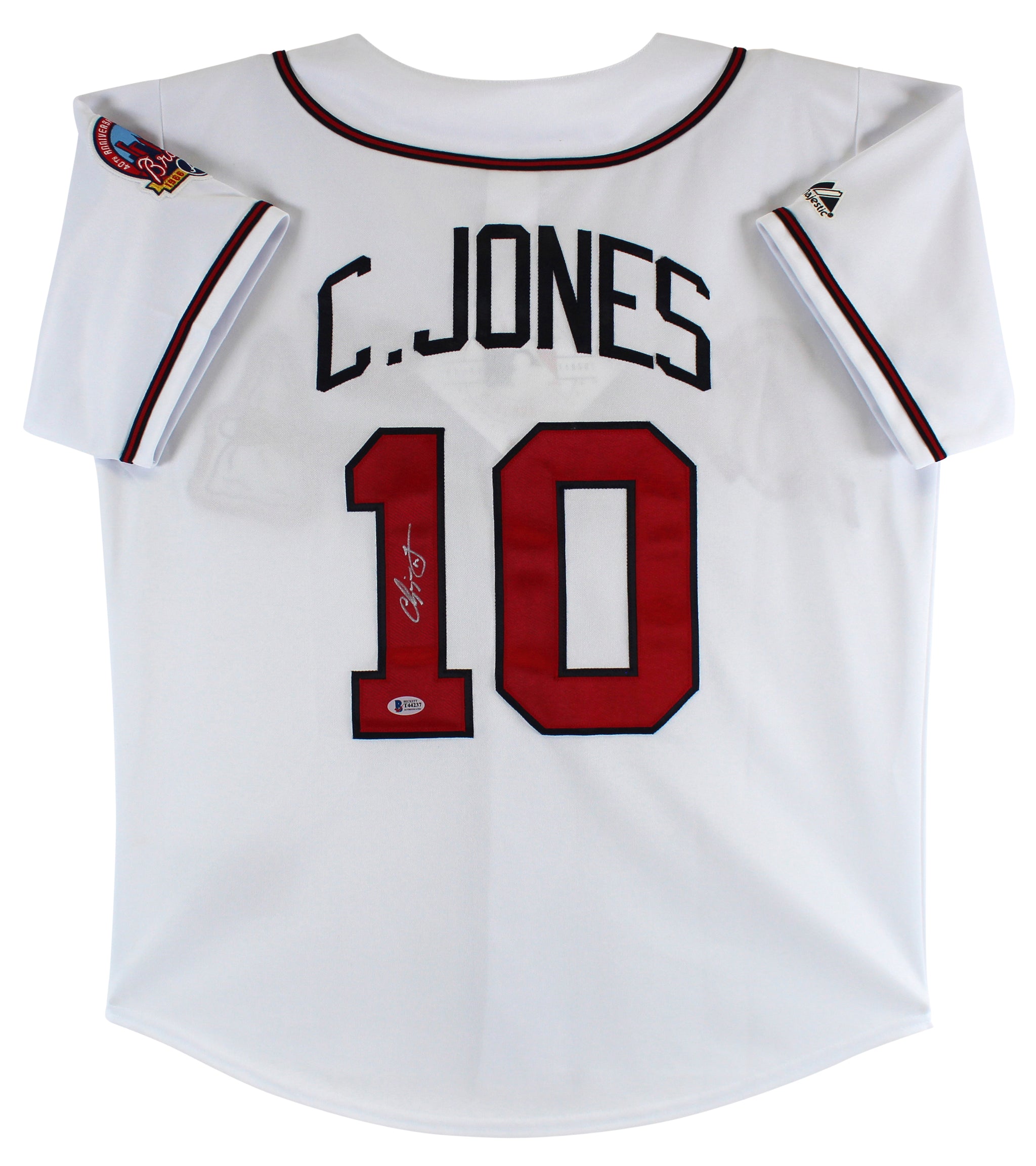 Braves Chipper Jones Signed White Majestic Jersey w/ 40th Aniv Patch B