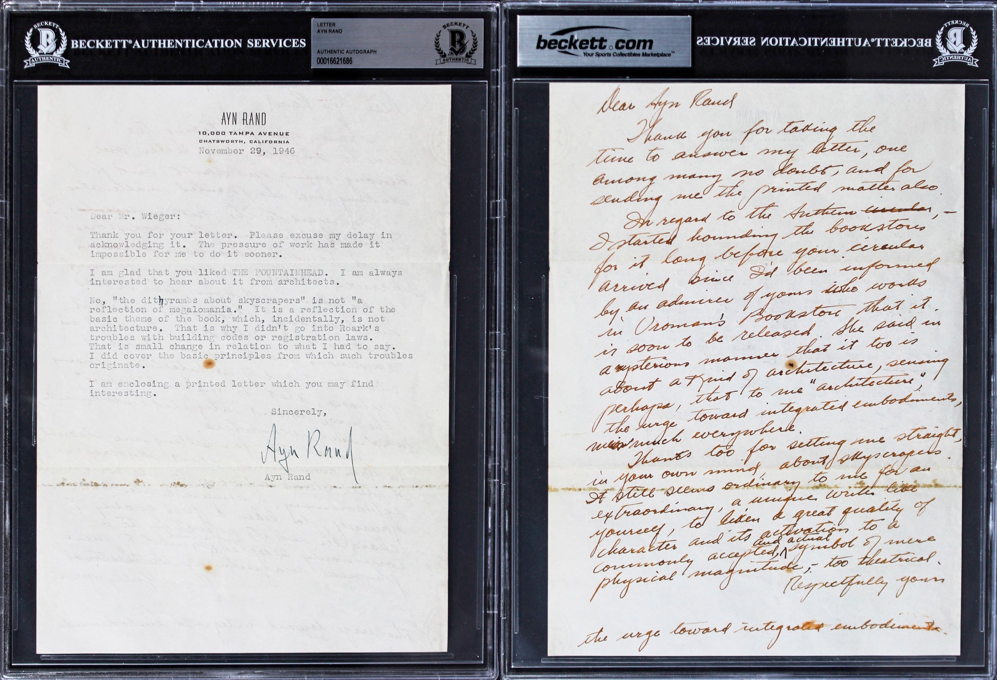 Ayn Rand Authentic Signed 7.25x10 Typed Letter Dated Nov. 29, 1946 BAS