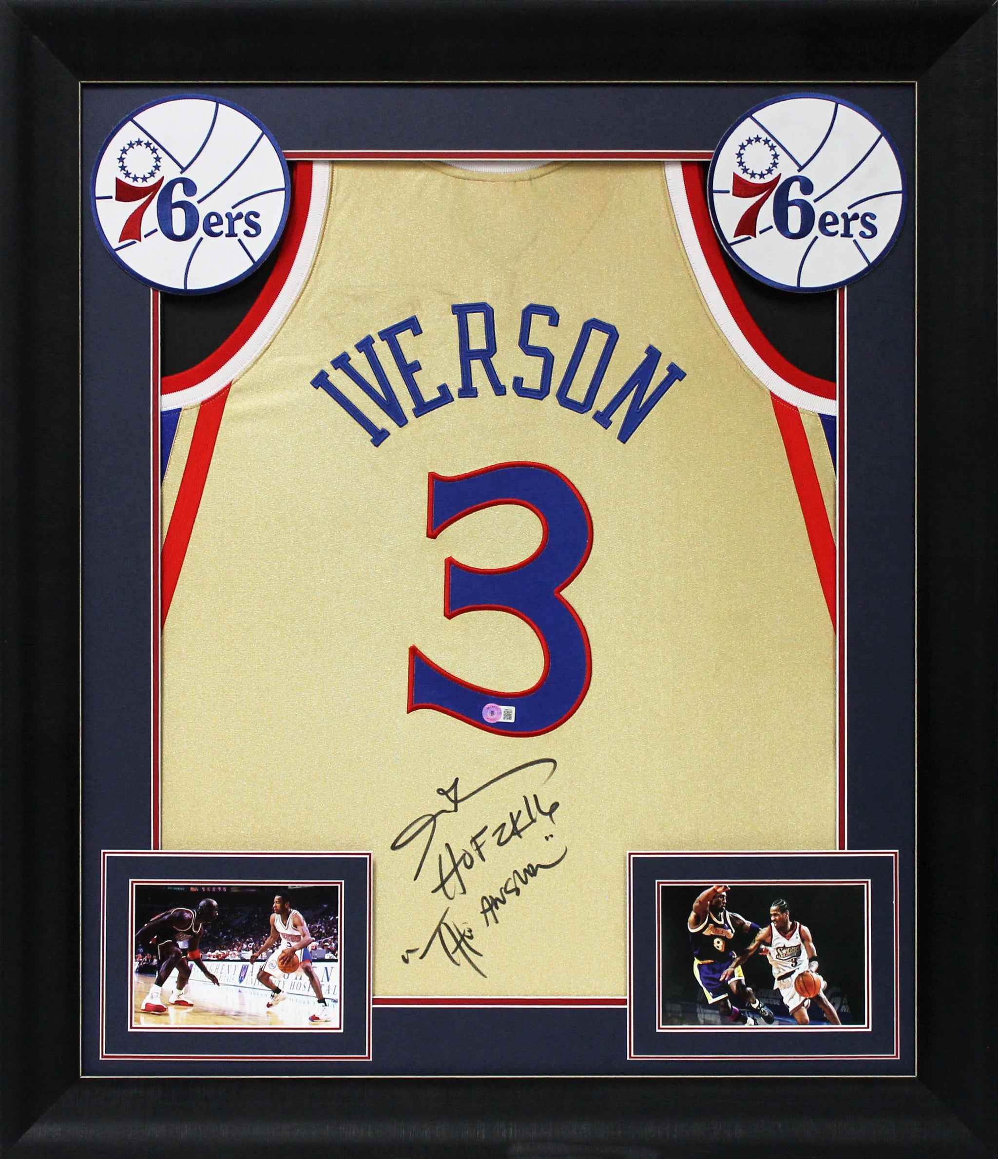 76ers Allen Iverson "2x Insc" Signed Gold M&N 75th Ann Framed Jersey B